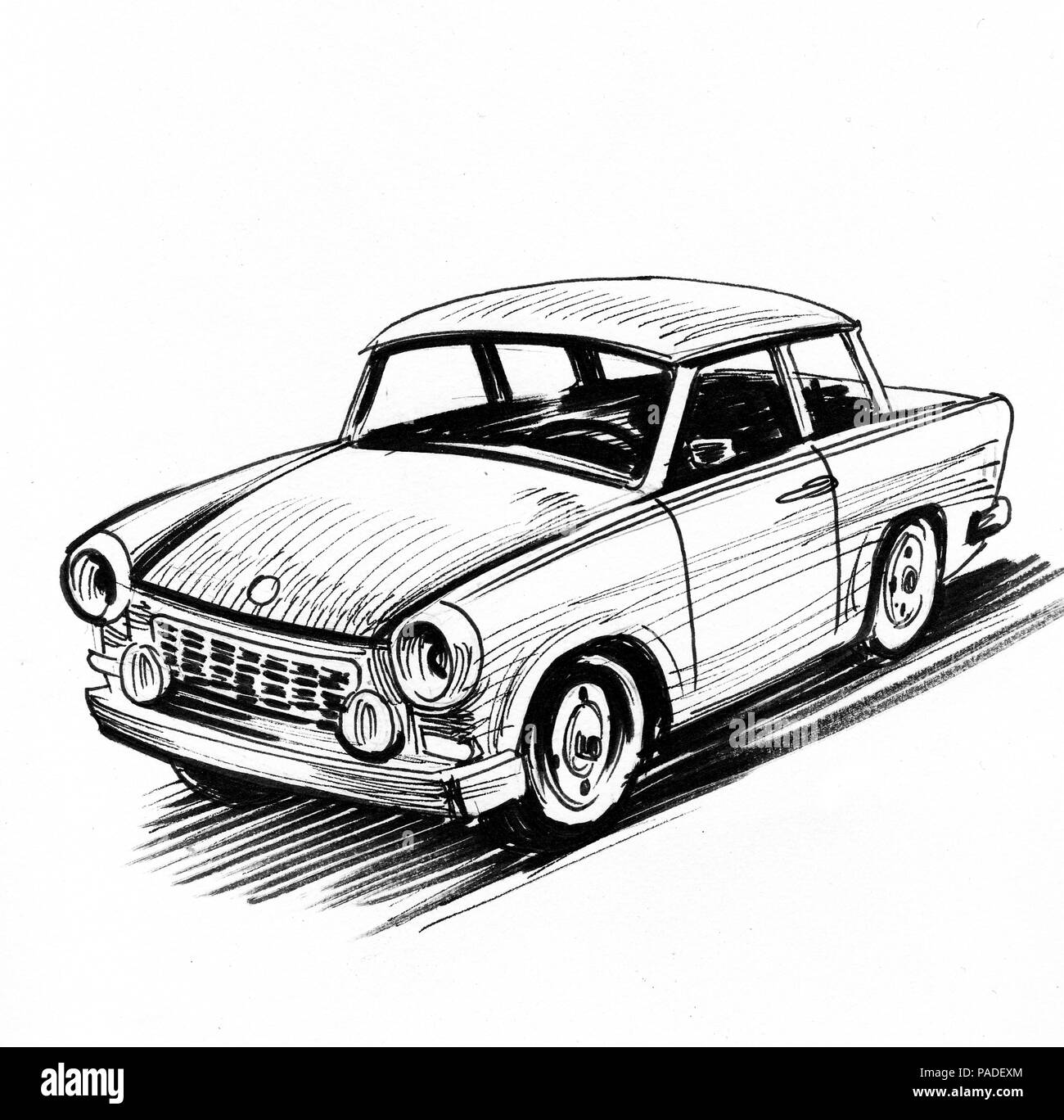 Vintage European car. Ink black and white illustration Stock Photo - Alamy