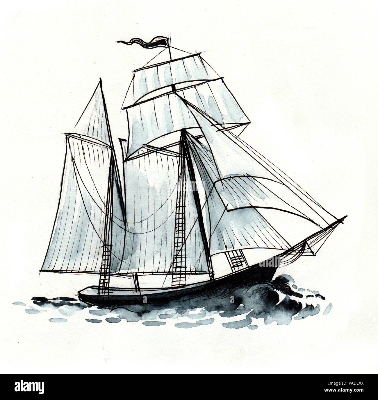 Sailing boat. Ink and watercolor illustration Stock Photo - Alamy