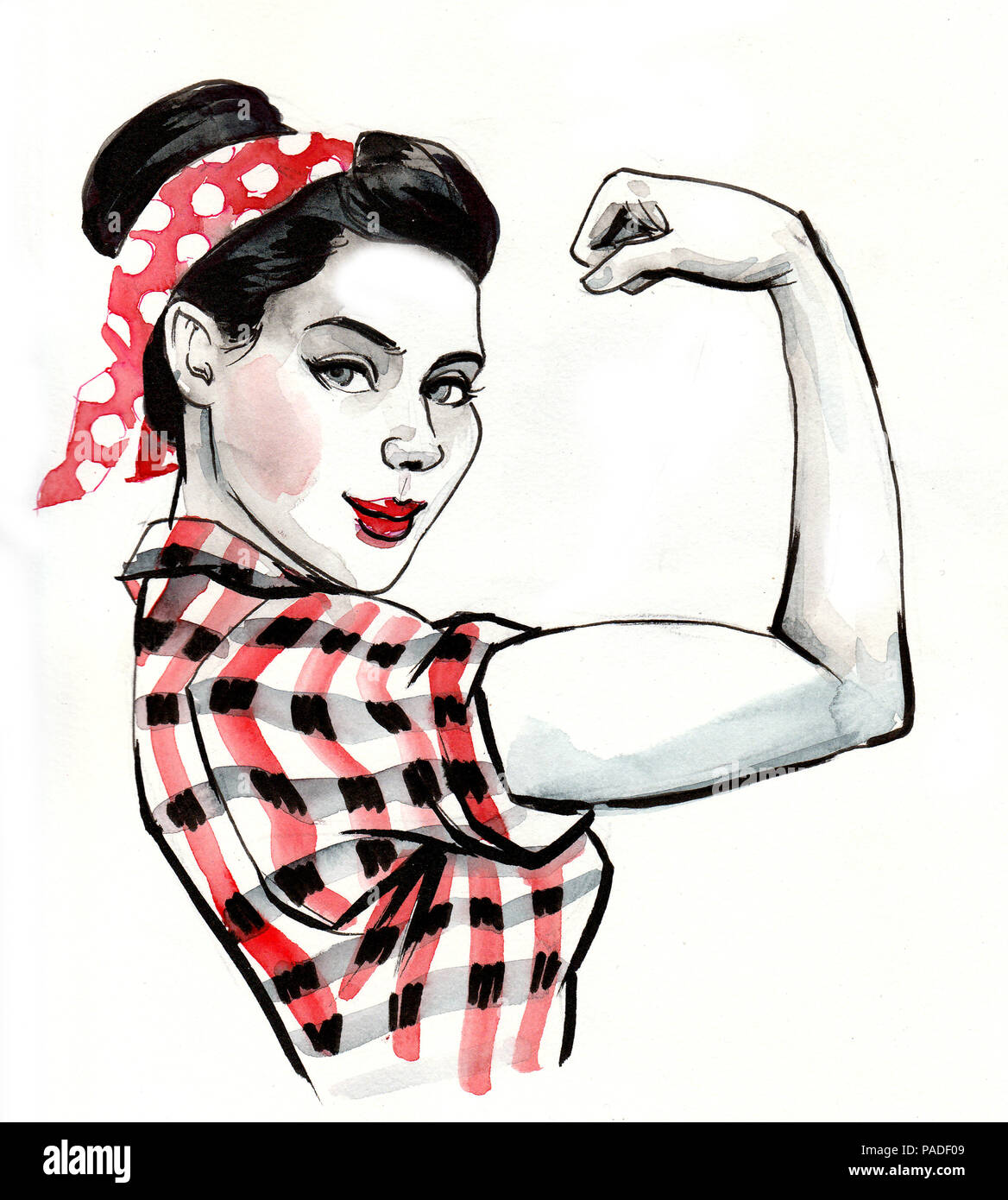 Strong woman flexing biceps. Ink and watercolor illustration Stock ...