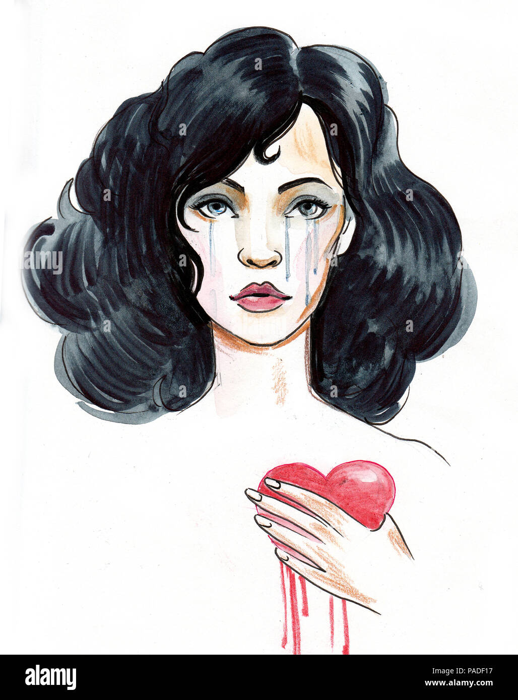Pretty crying woman with a red bleeding sun. Ink and watercolor ...