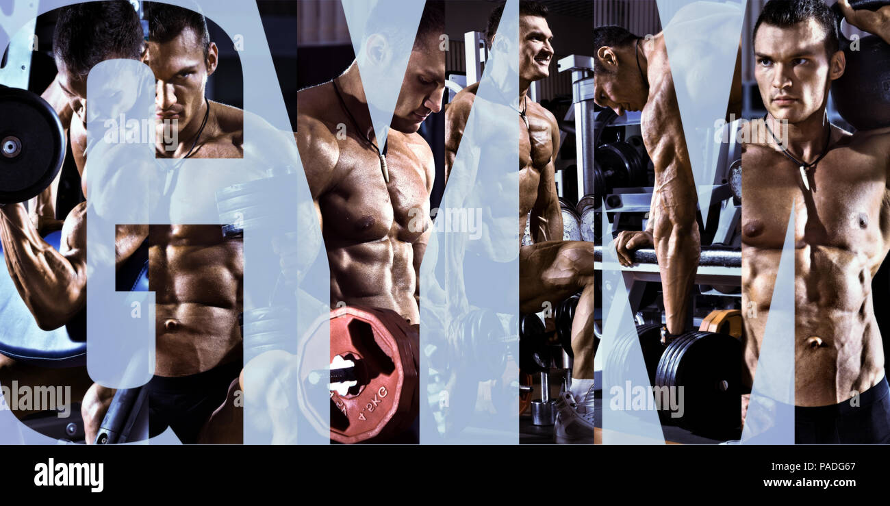 bodybuilding, execute exercise press with weight, in gym, collage of ...