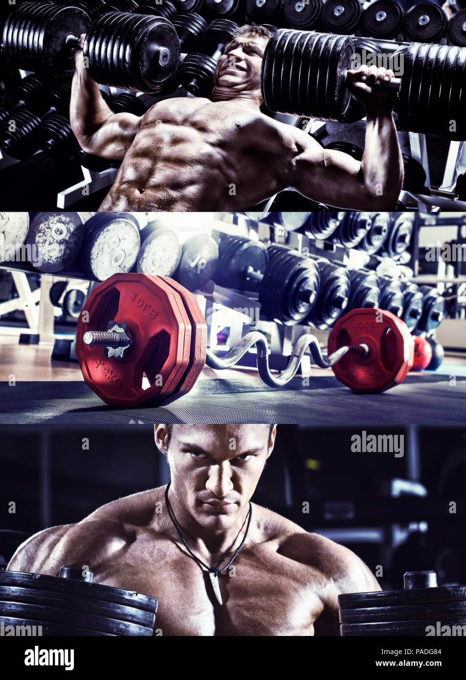 bodybuilding, execute exercise press with weight, in gym, collage of ...