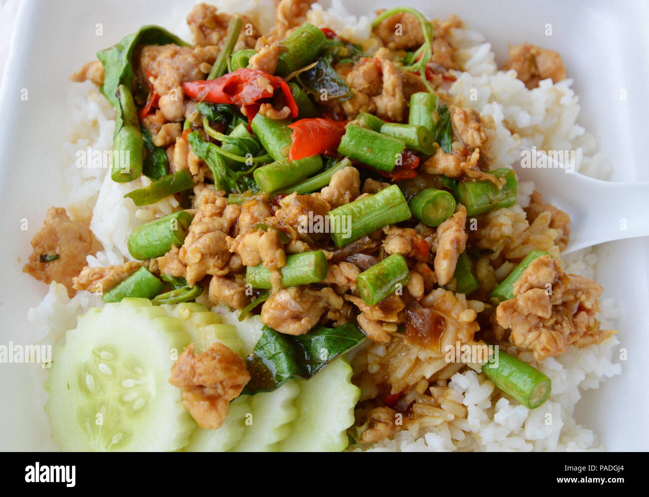 spicy stir fried chicken with basil leaf on rice in foam box for take ...