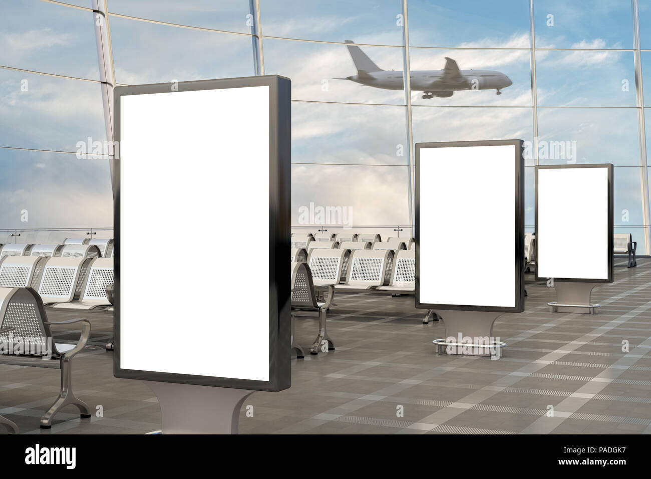 Airport departure lounge. Blank billboard stand and airplane on ...
