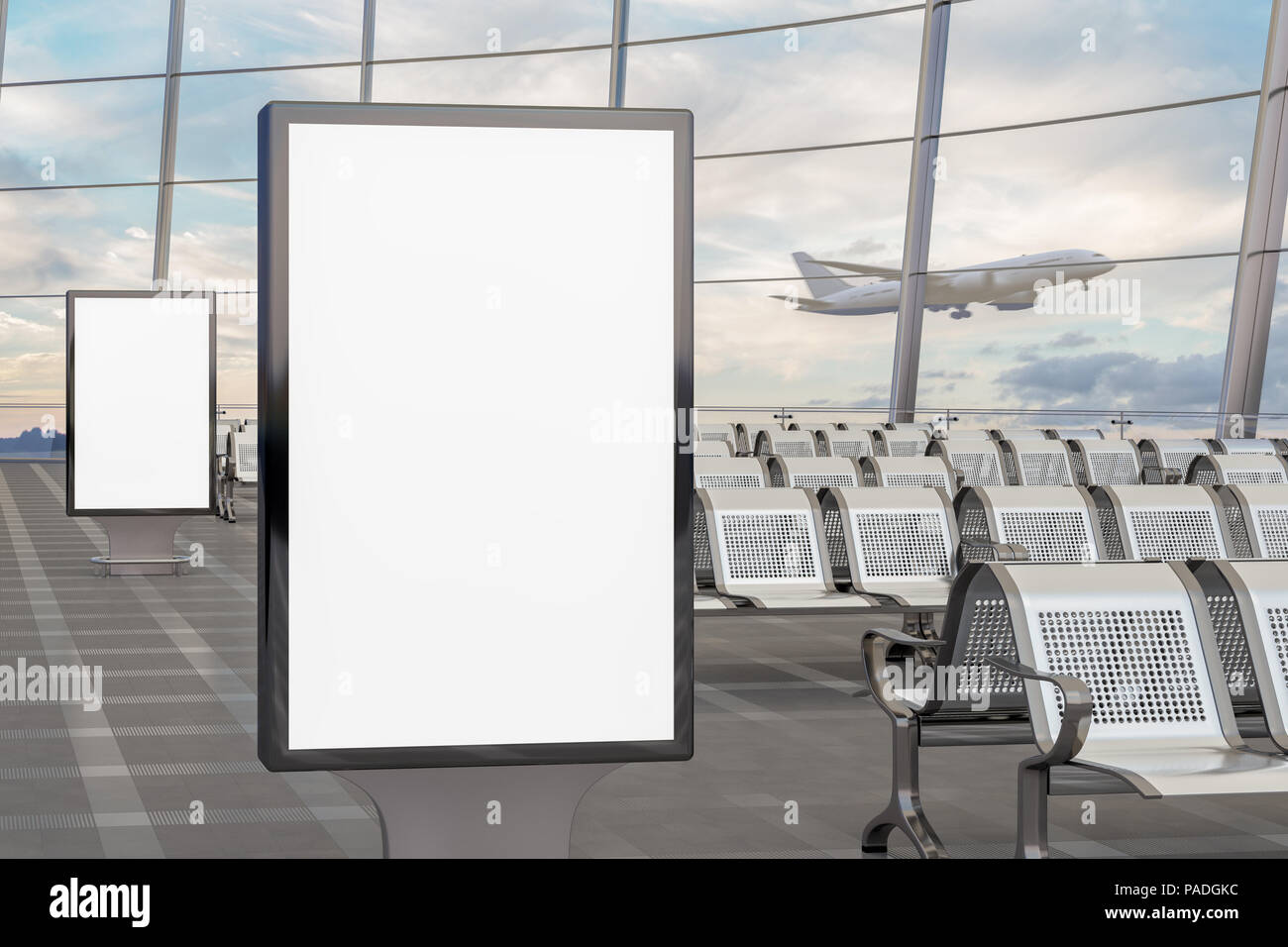Airport departure lounge. Two blank billboard stands and airplane on ...