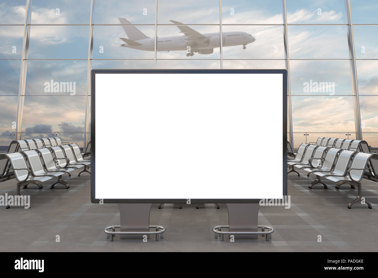 Airport departure lounge. Blank horizontal billboard stand and airplane ...