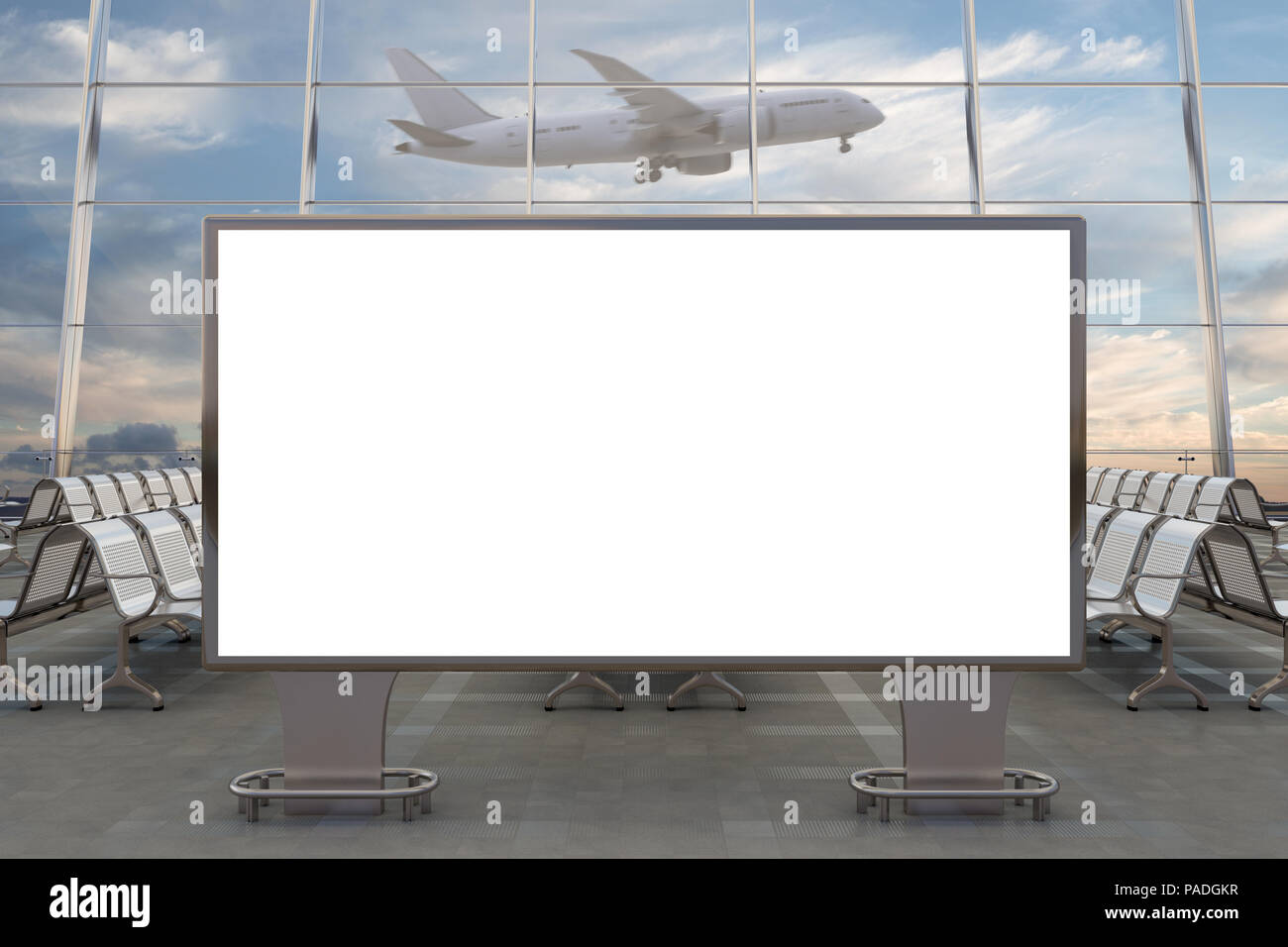 Airport departure lounge. Blank horizontal billboard stand and airplane ...