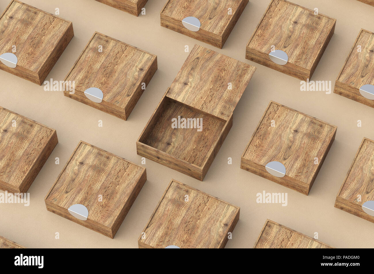 Empty wooden square box with opened sliding lid with closed boxes ...