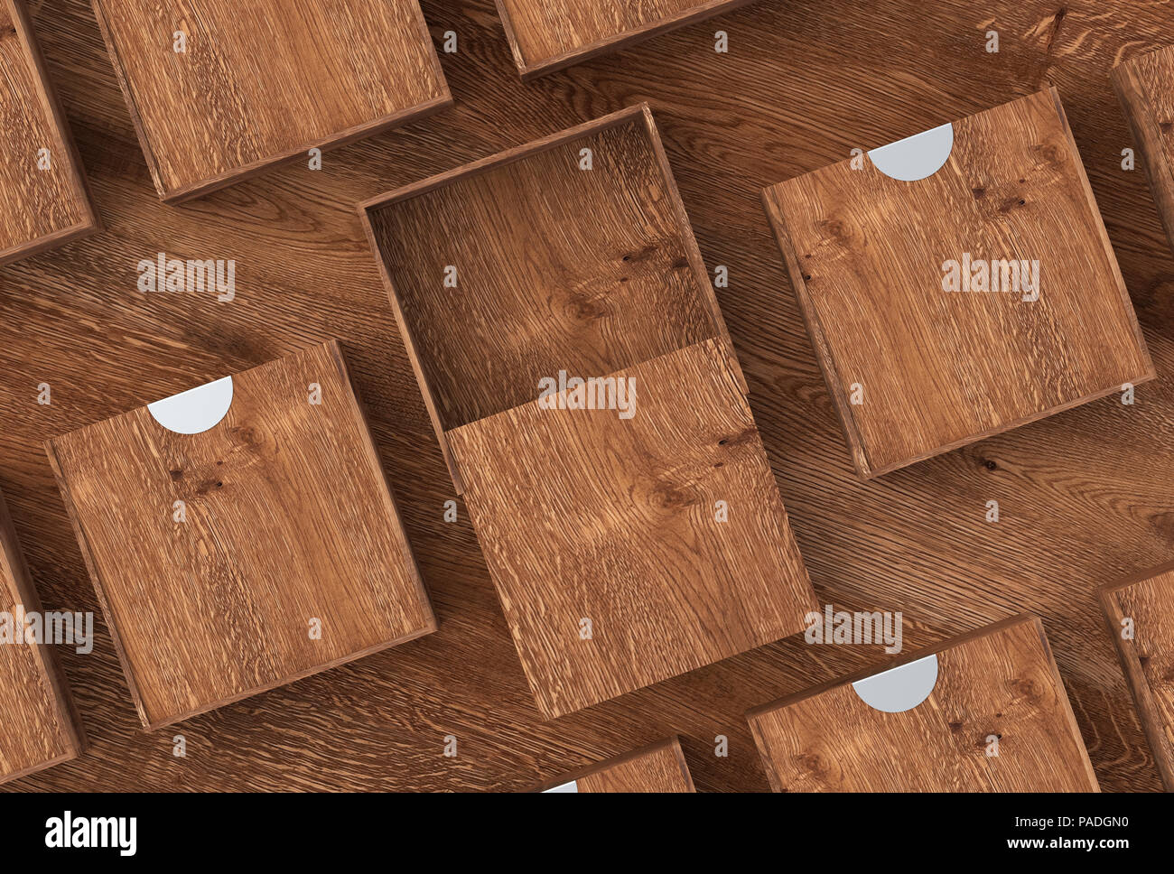 Empty wooden square box with opened sliding lid with closed boxes ...