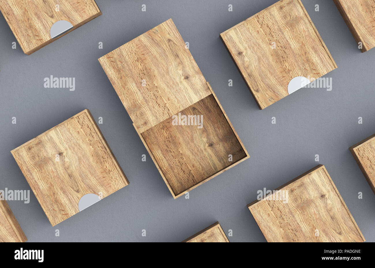 Empty wooden square box with opened sliding lid with closed boxes ...