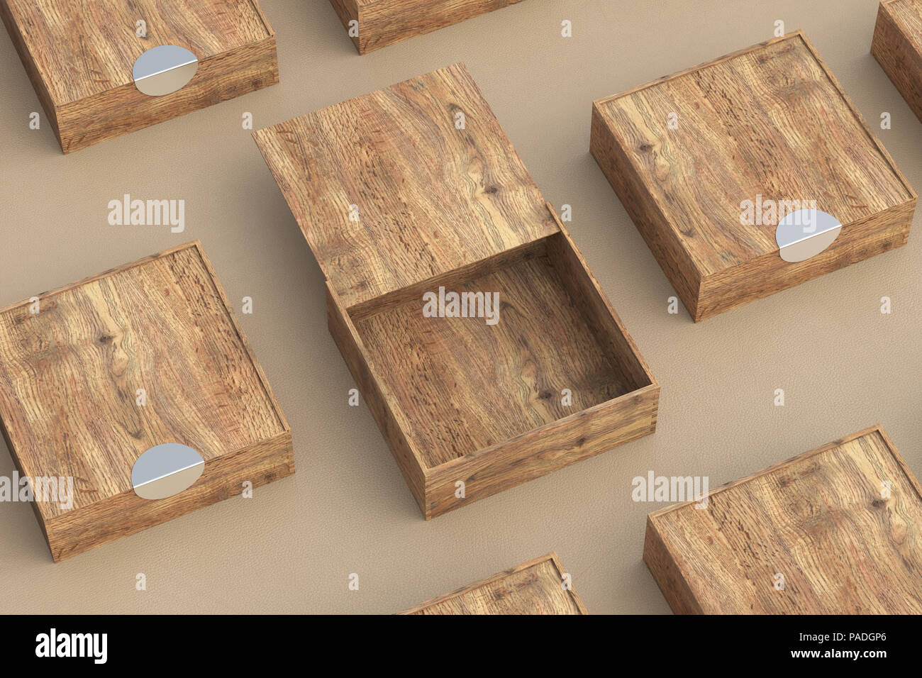 Empty wooden square box with opened sliding lid with closed boxes ...