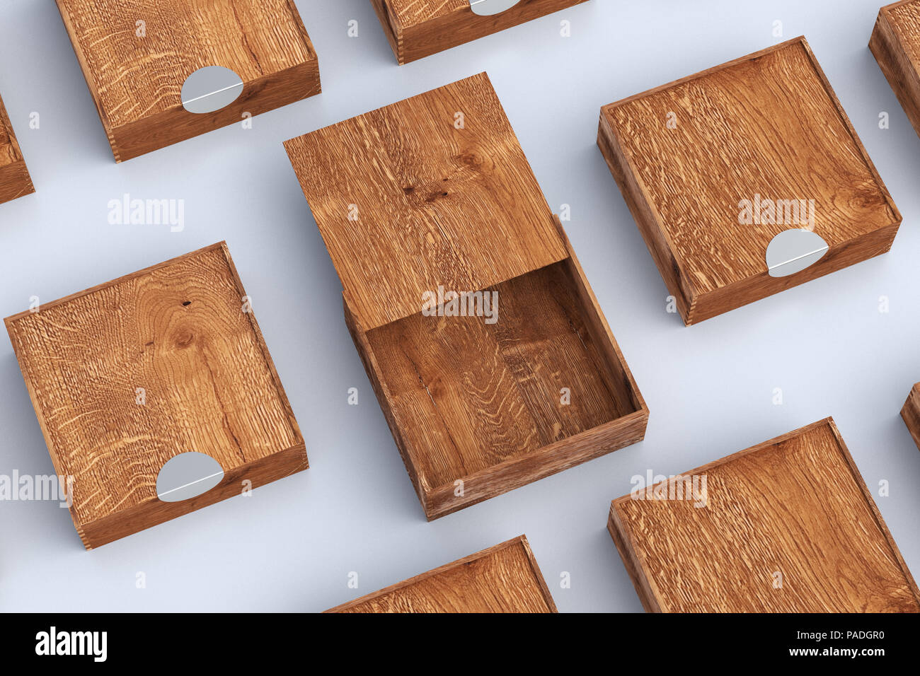 Empty dark wooden square box with opened sliding lid with closed boxes ...