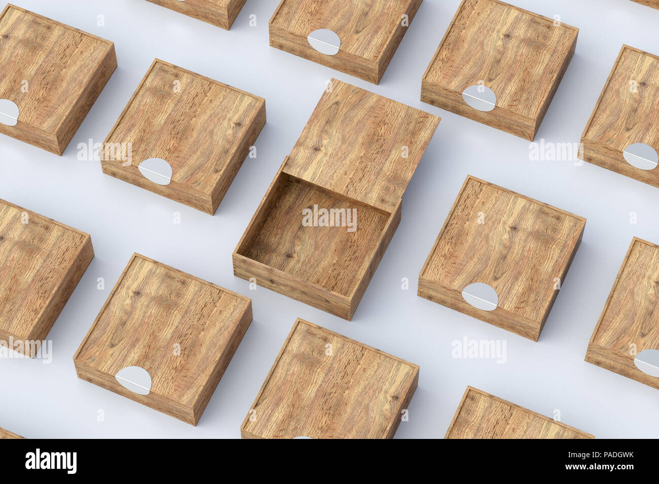 Empty wooden square box with opened sliding lid with closed boxes ...