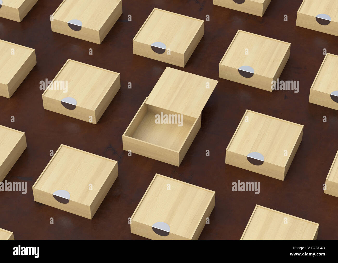 Empty light wooden square box with opened sliding lid with closed boxes ...