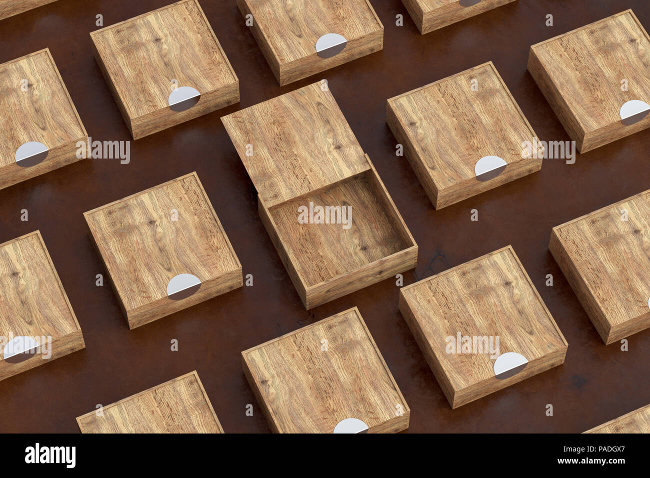 Empty wooden square box with opened sliding lid with closed boxes ...
