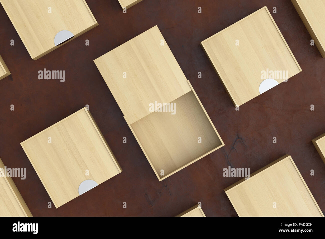 Empty light wooden square box with opened sliding lid with closed boxes ...