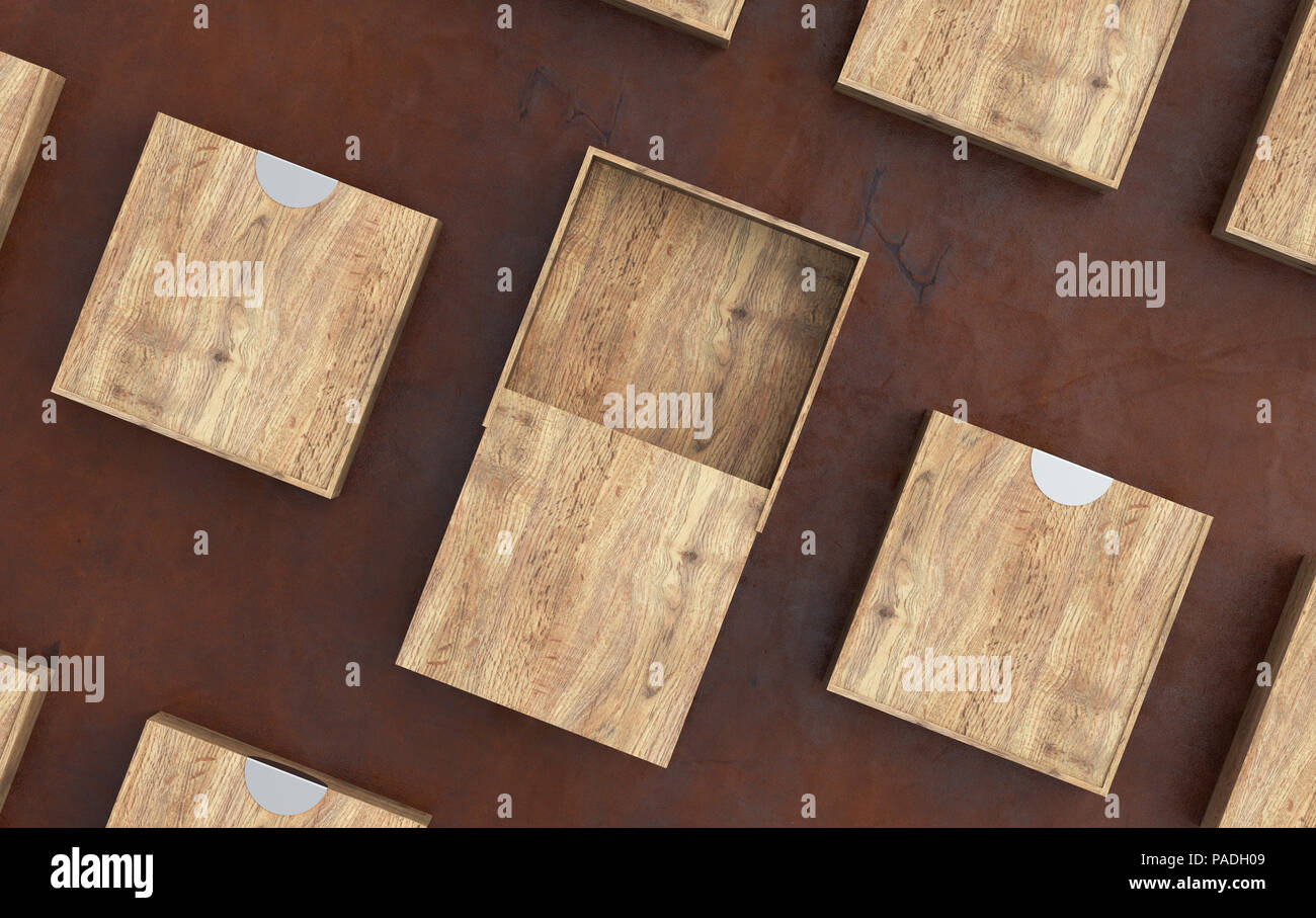 Empty wooden square box with opened sliding lid with closed boxes ...