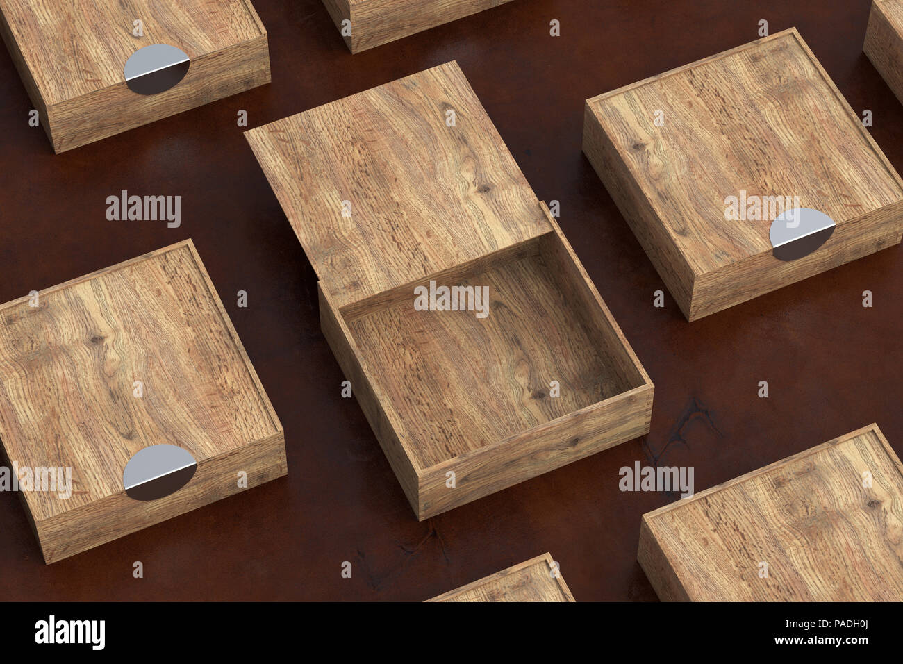 Empty wooden square box with opened sliding lid with closed boxes ...