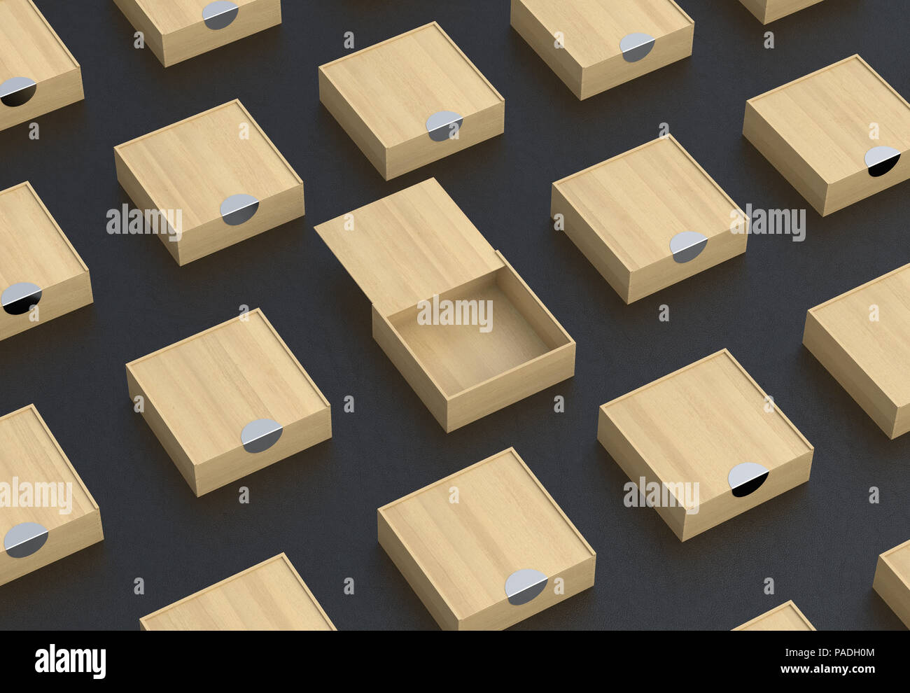 Empty light wooden square box with opened sliding lid with closed boxes ...