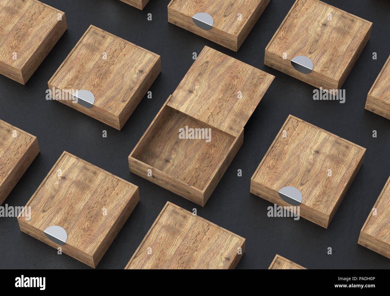 Empty wooden square box with opened sliding lid with closed boxes ...