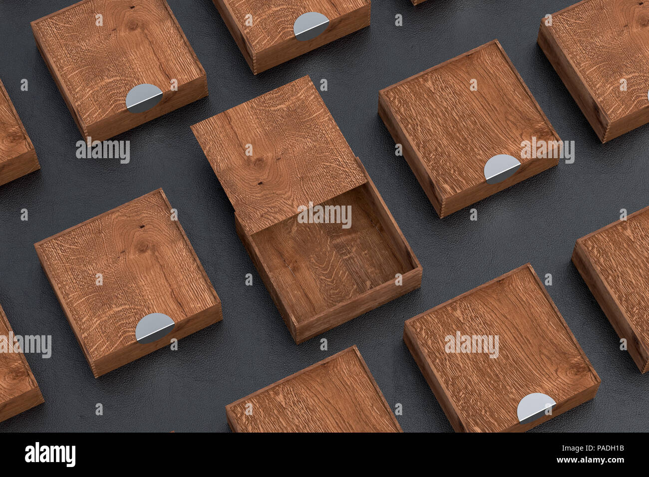 Empty dark wooden square box with opened sliding lid with closed boxes ...