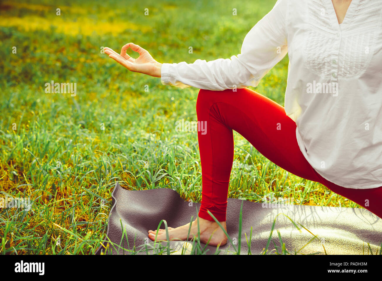 Pretty woman doing yoga exercises in the park Stock Photo - Alamy