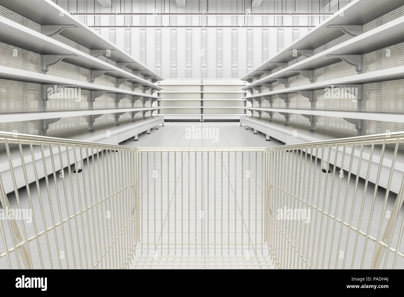 Store interior with empty shopping cart in aisle of supermarket shelves ...