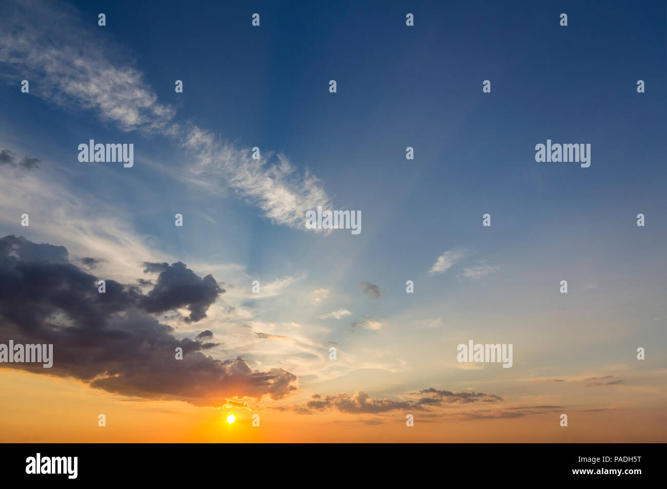 Panorama of sky at sunrise or sunset. Beautiful view of dark blue ...