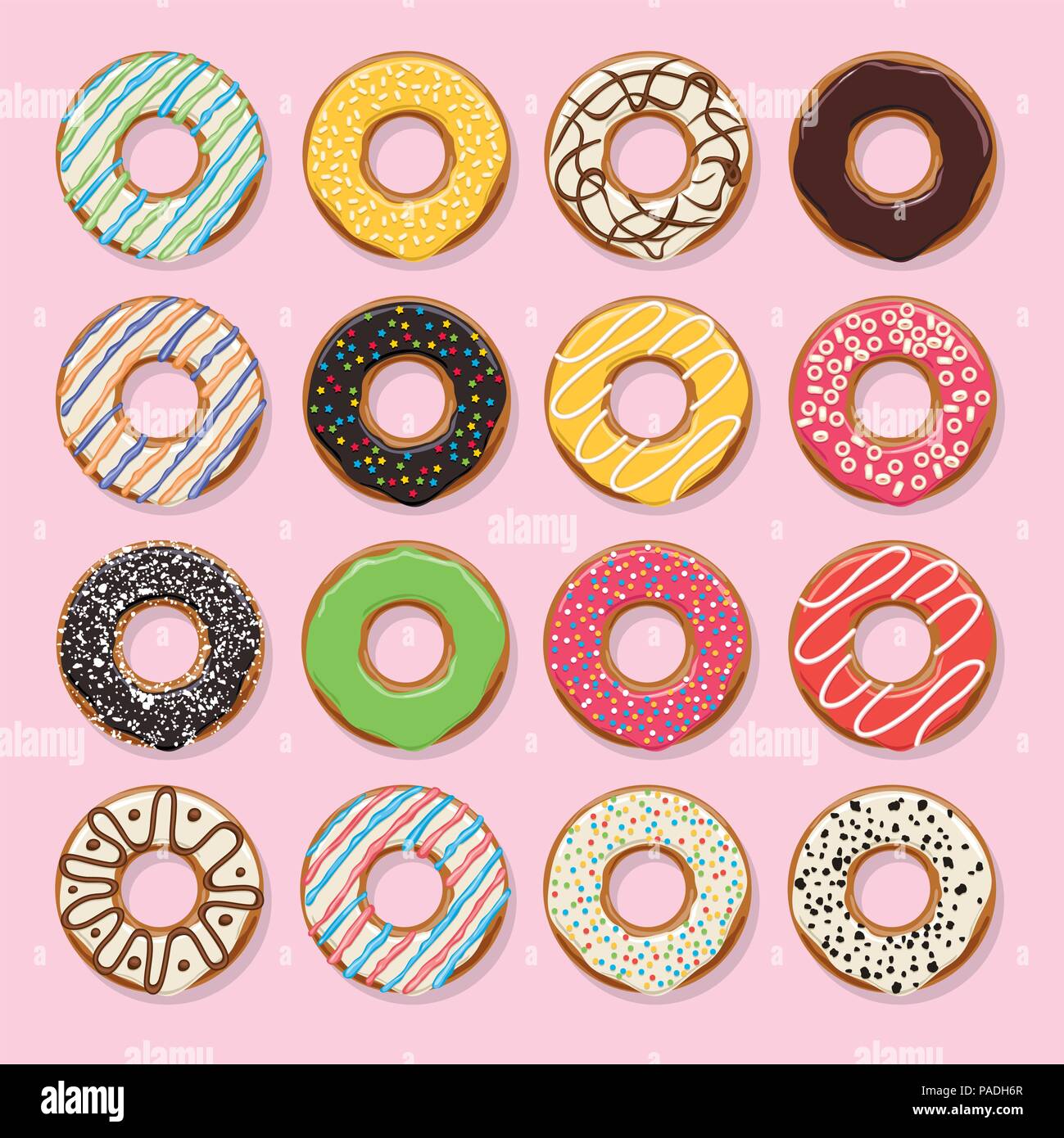 vector modern flat style icons of glazed colorful donuts with chocolate ...