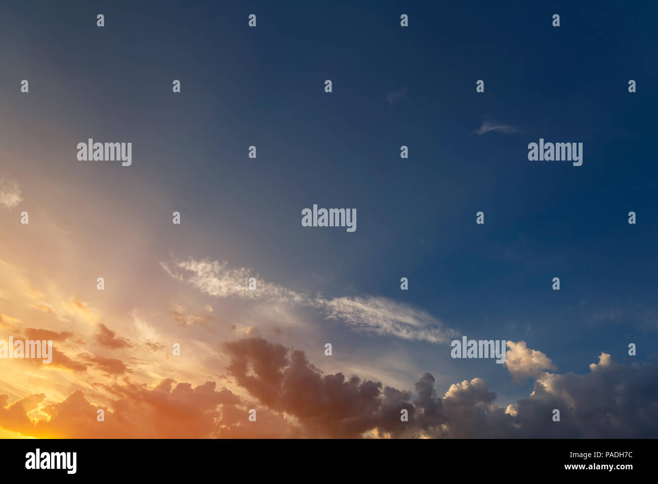 Panorama of sky at sunrise or sunset. Beautiful view of dark blue ...