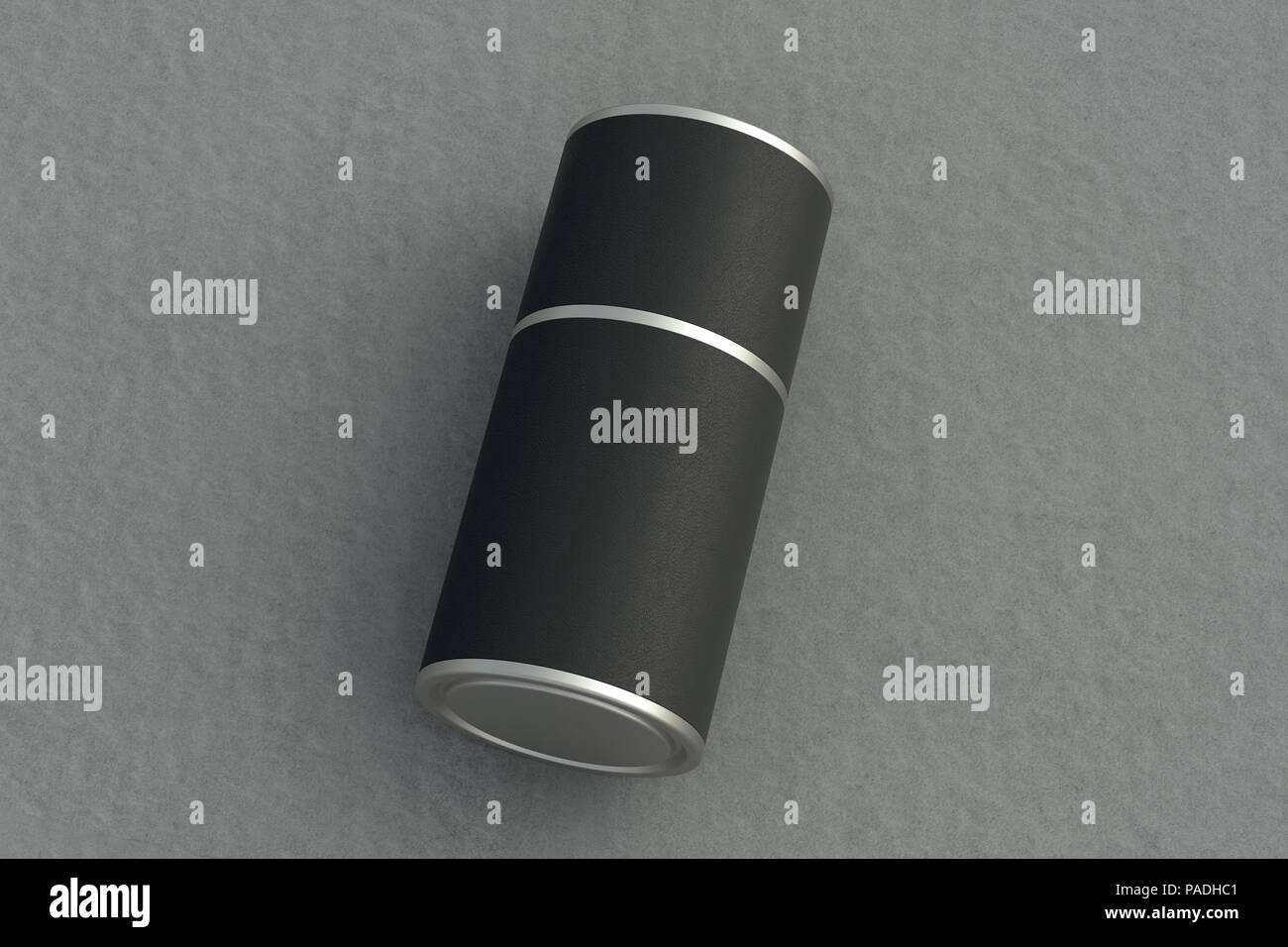 Blank closed black tube container packaging lies on gray background. 3d ...
