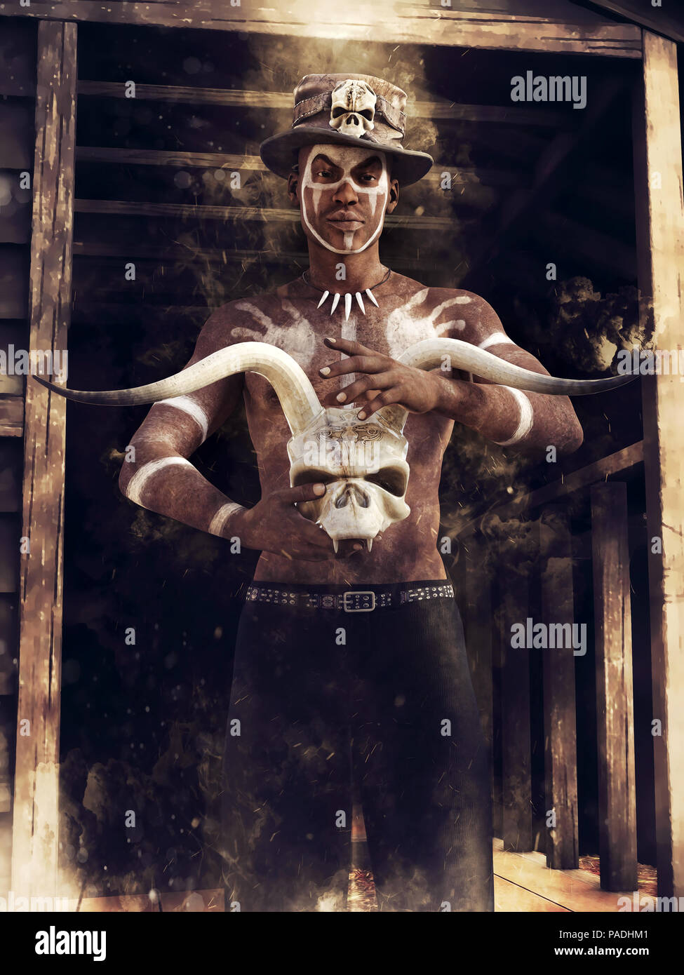 Fantasy voodoo sorcerer holding an animal skull and standing in front ...