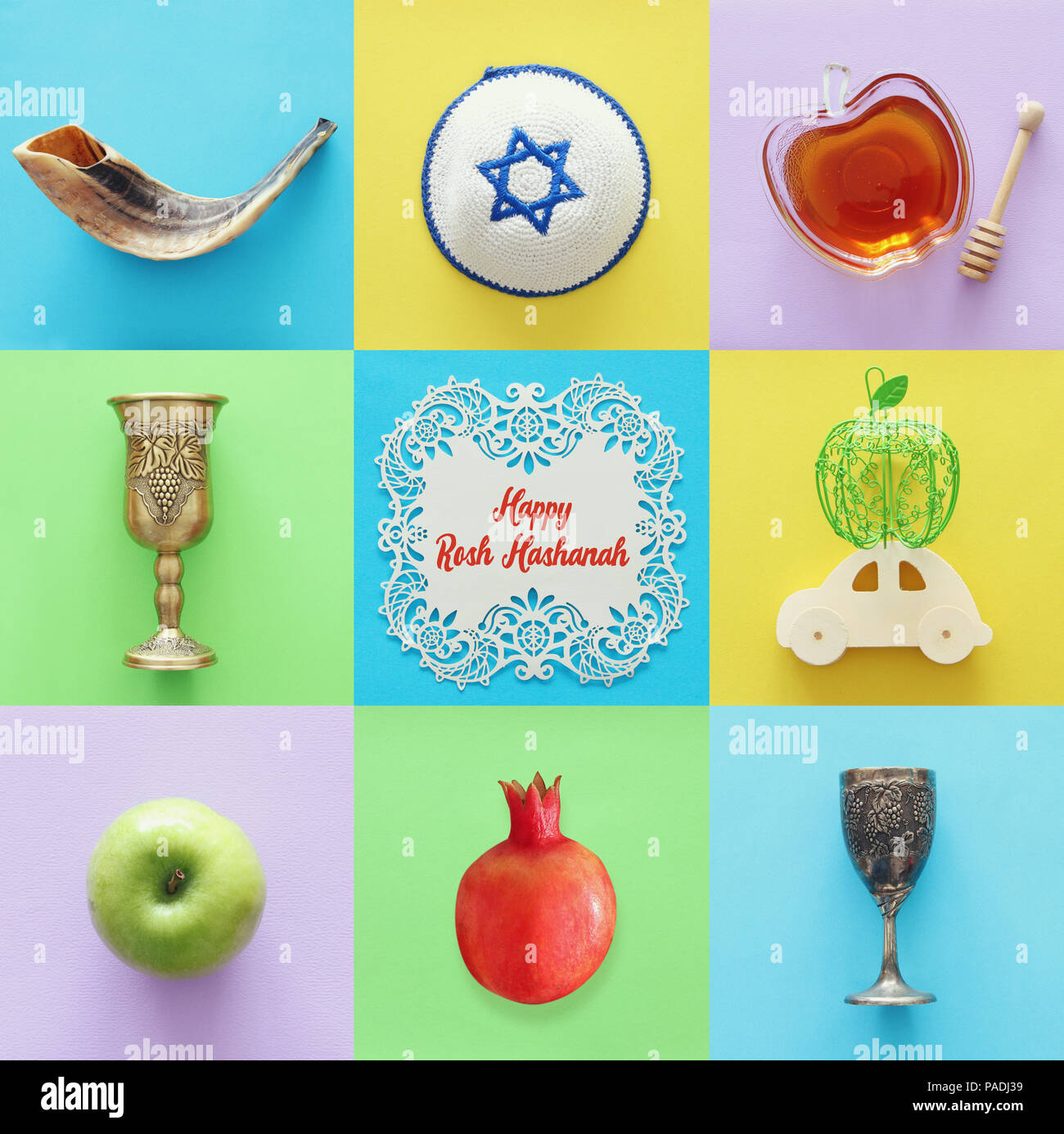Rosh hashanah (jewish New Year holiday) collage concept. Traditional symbols Stock Photo - Alamy