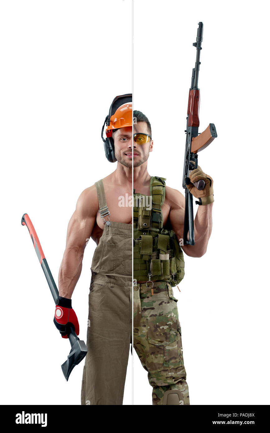 Comparison of woodcutter and modern soldier outlook. Woodcutter wearing ...