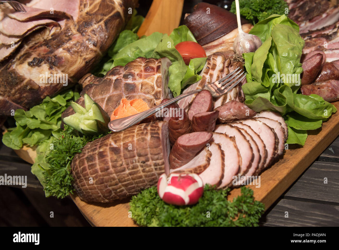 full table of traditional homemade sausage Stock Photo - Alamy