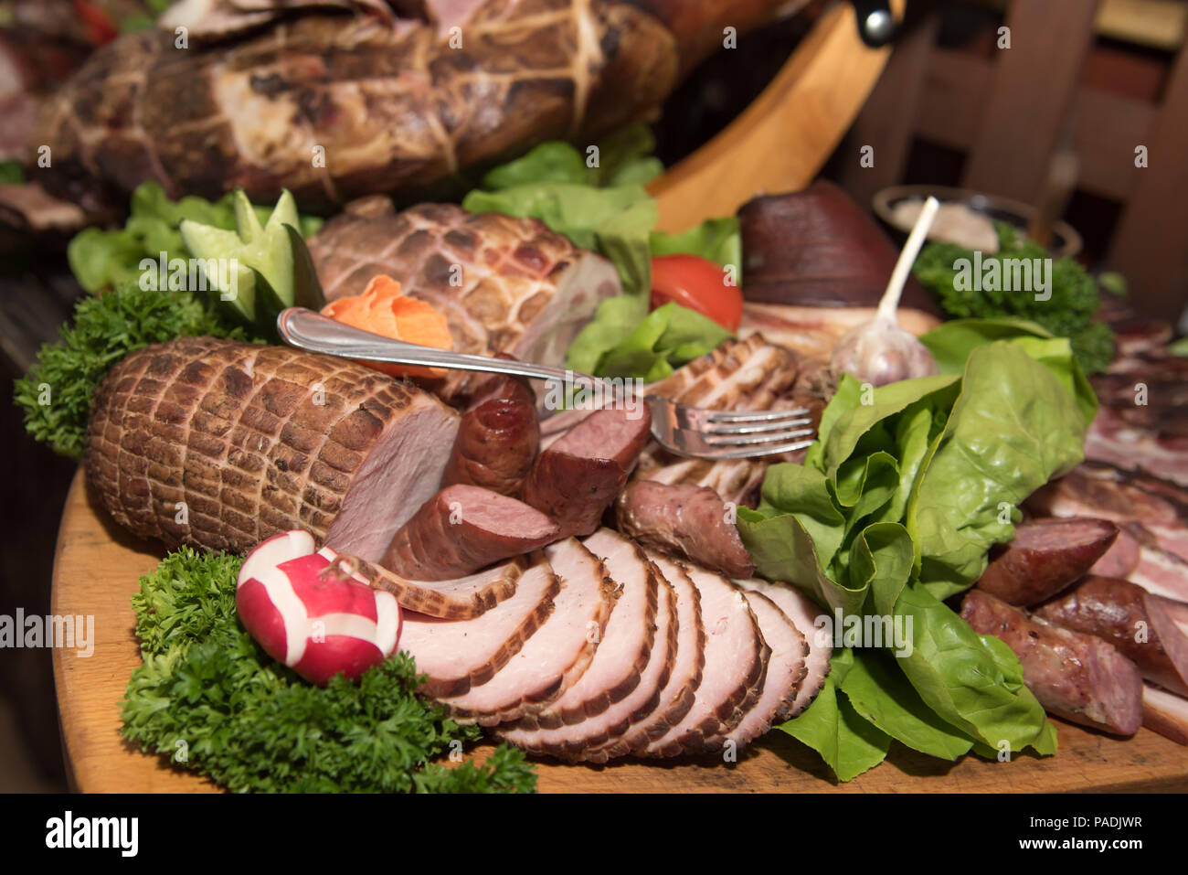 full table of traditional homemade sausage Stock Photo - Alamy