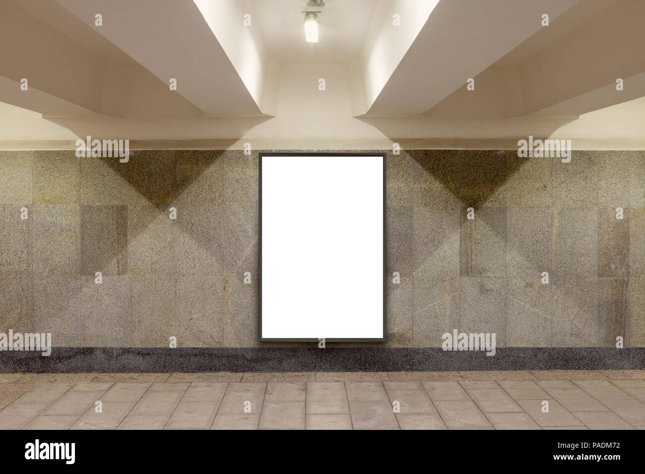 Blank billboard advertisement poster on underground wall. 3d ...