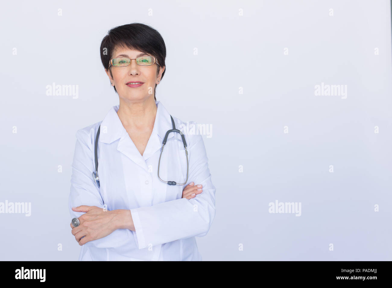 Doctor woman smile face with stethoscope over white background Stock ...