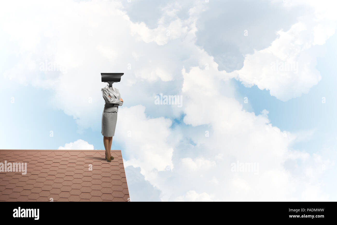 Concept of security and privacy protection with camera headed woman ...