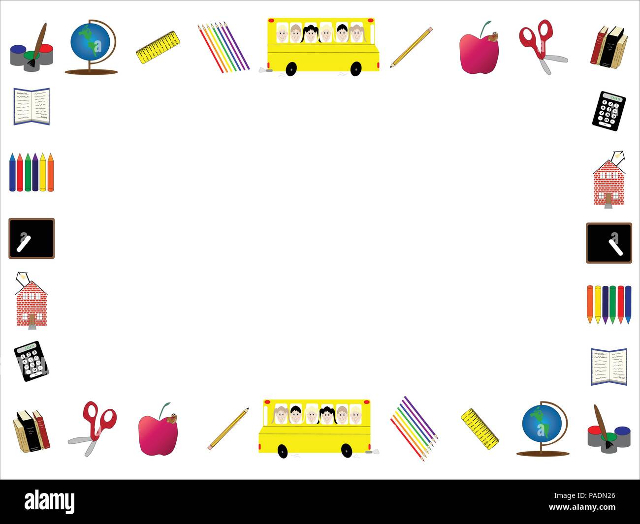 Border or frame of back to school icons including paints, paintbrush ...