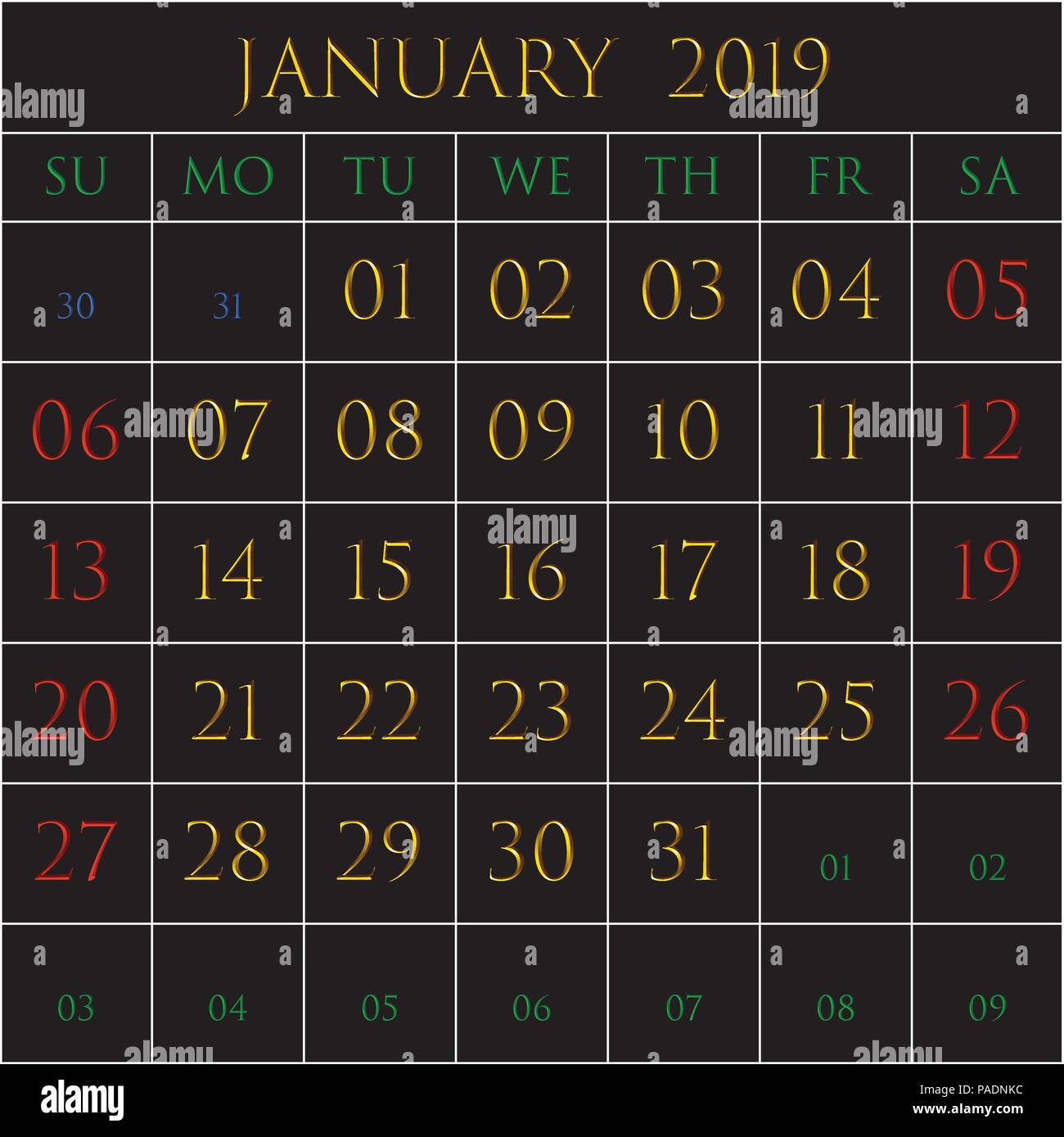 2019 Calendar for the month of January on black background rectangles ...