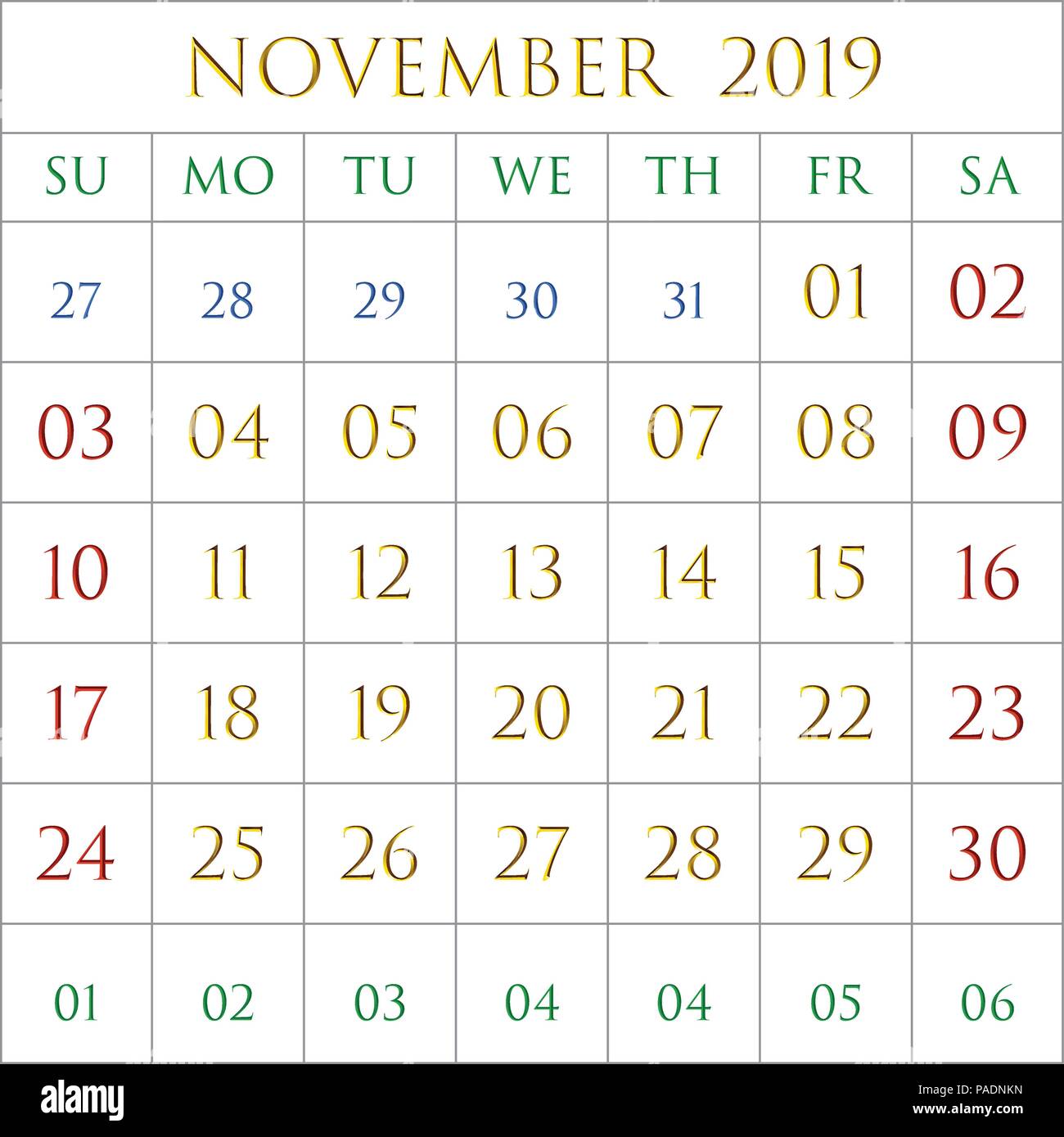 2019 Calendar for the month of November on white background rectangles ...
