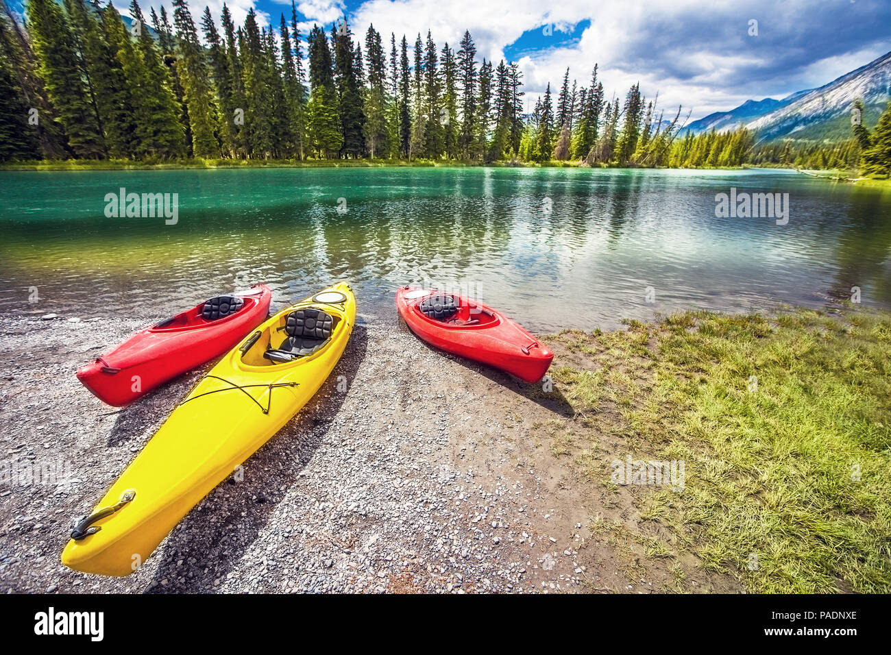 Canoes at the Bow River in Banff National Park Alberta Canada Stock ...