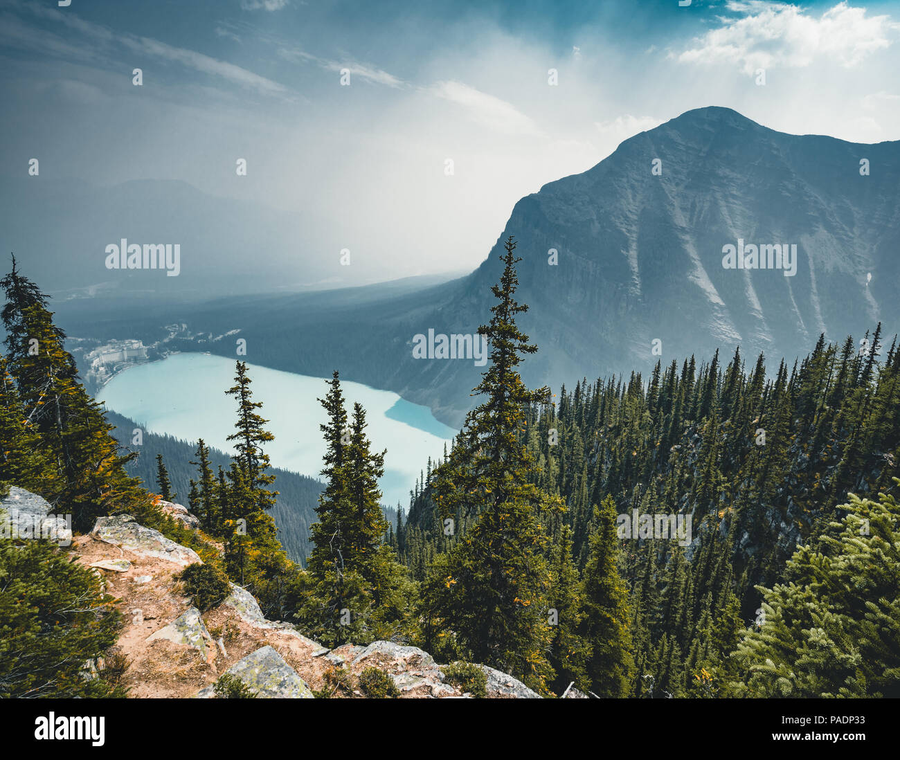 View to Lake Louise from Beehive Mountain in Banff National Park Stock ...