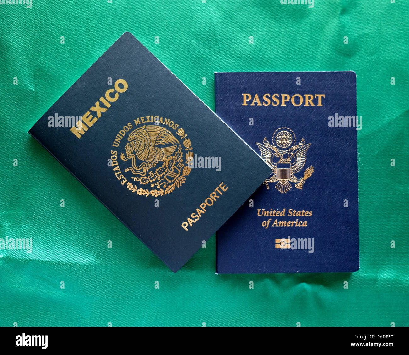 Mexican and American Passports on green background; binational ...