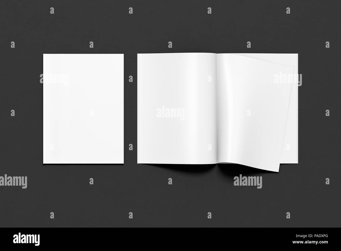Blank magazine pages with bent glossy paper and blank cover on black ...