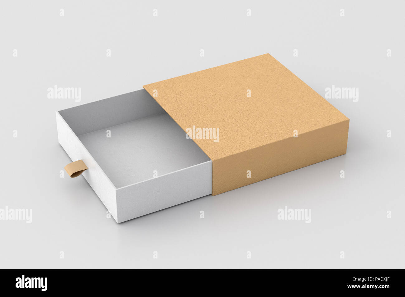 Opened empty beige leather drawer sliding box on white background ...