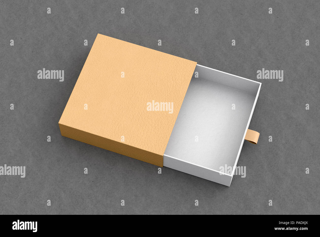 Opened empty beige leather drawer sliding box on gray background ...