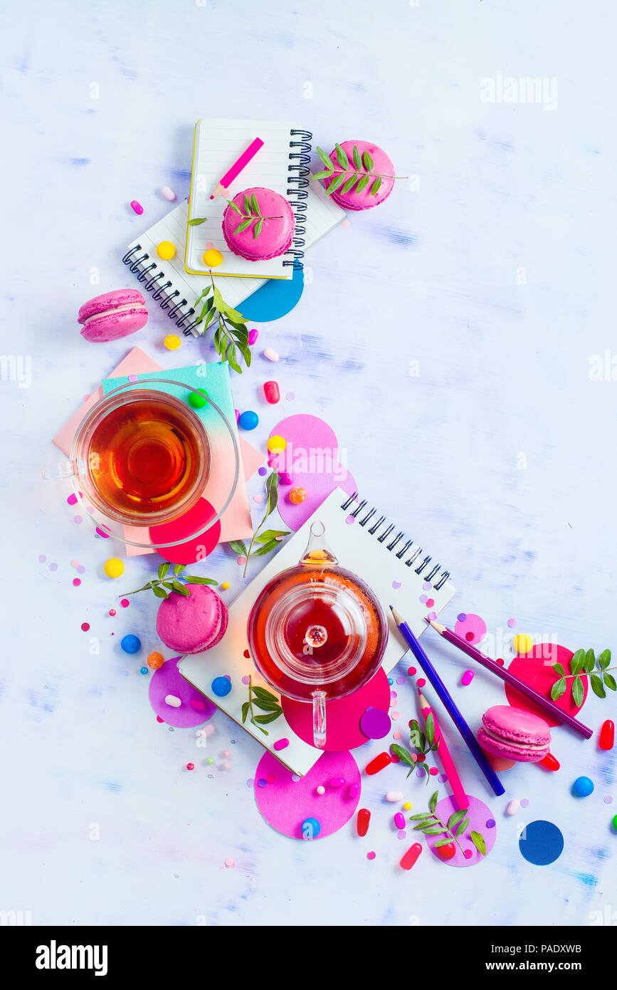 Drinking tea and working concept. Tea cup, teapot, notepads with blank ...