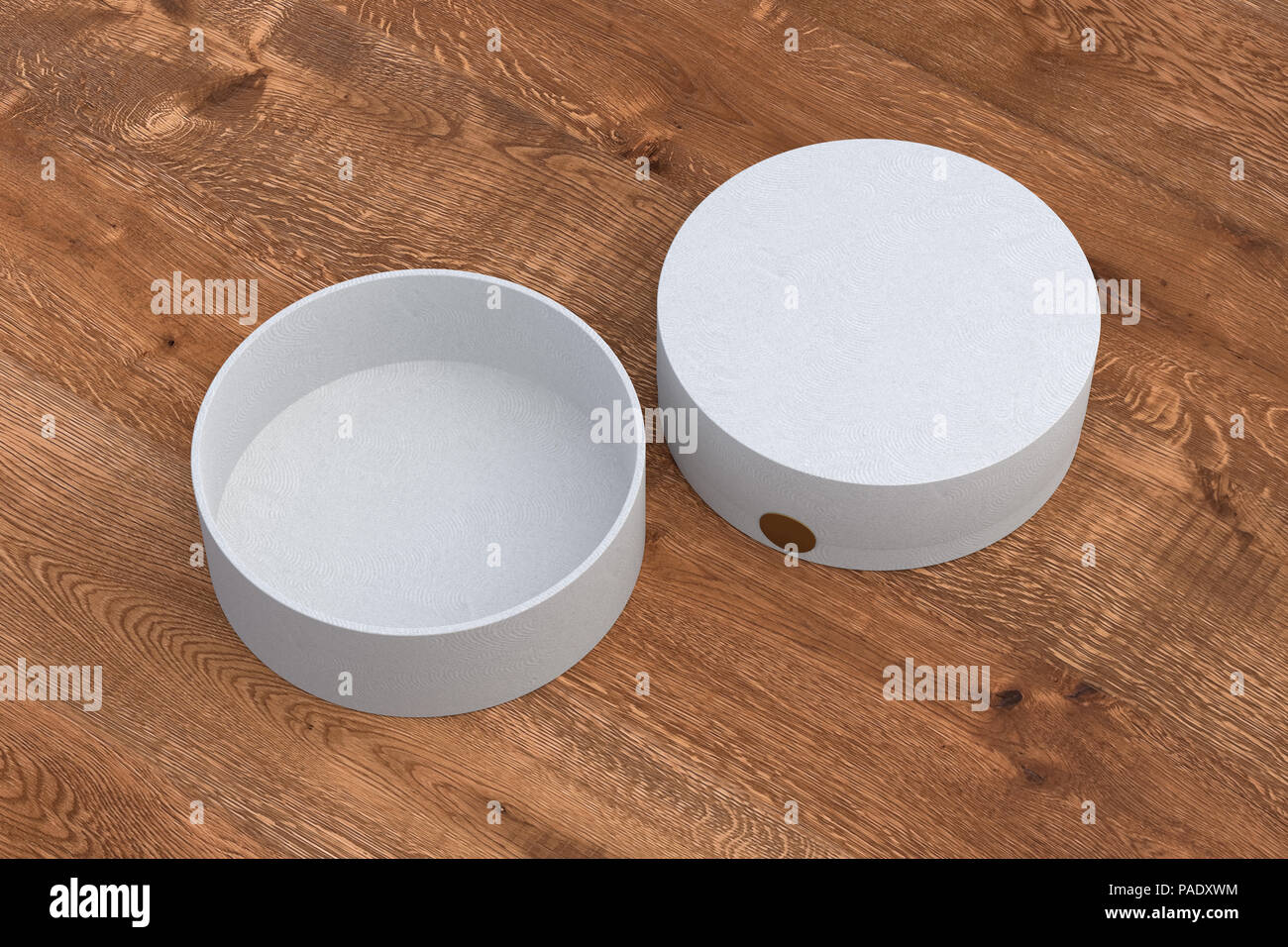 Two white round boxes opened and closed on wood background. 3d ...